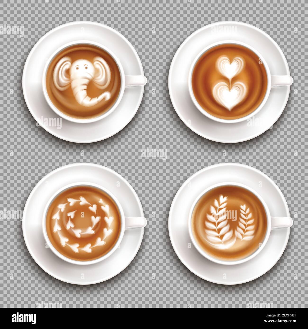 Realistic white cups with latte art images top view on transparent ...