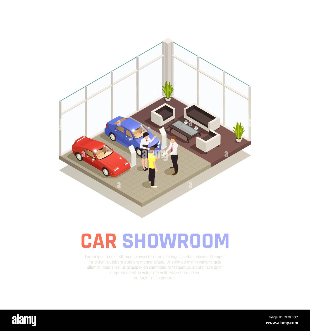 Car dealership concept with car purchase symbols isometric vector ...
