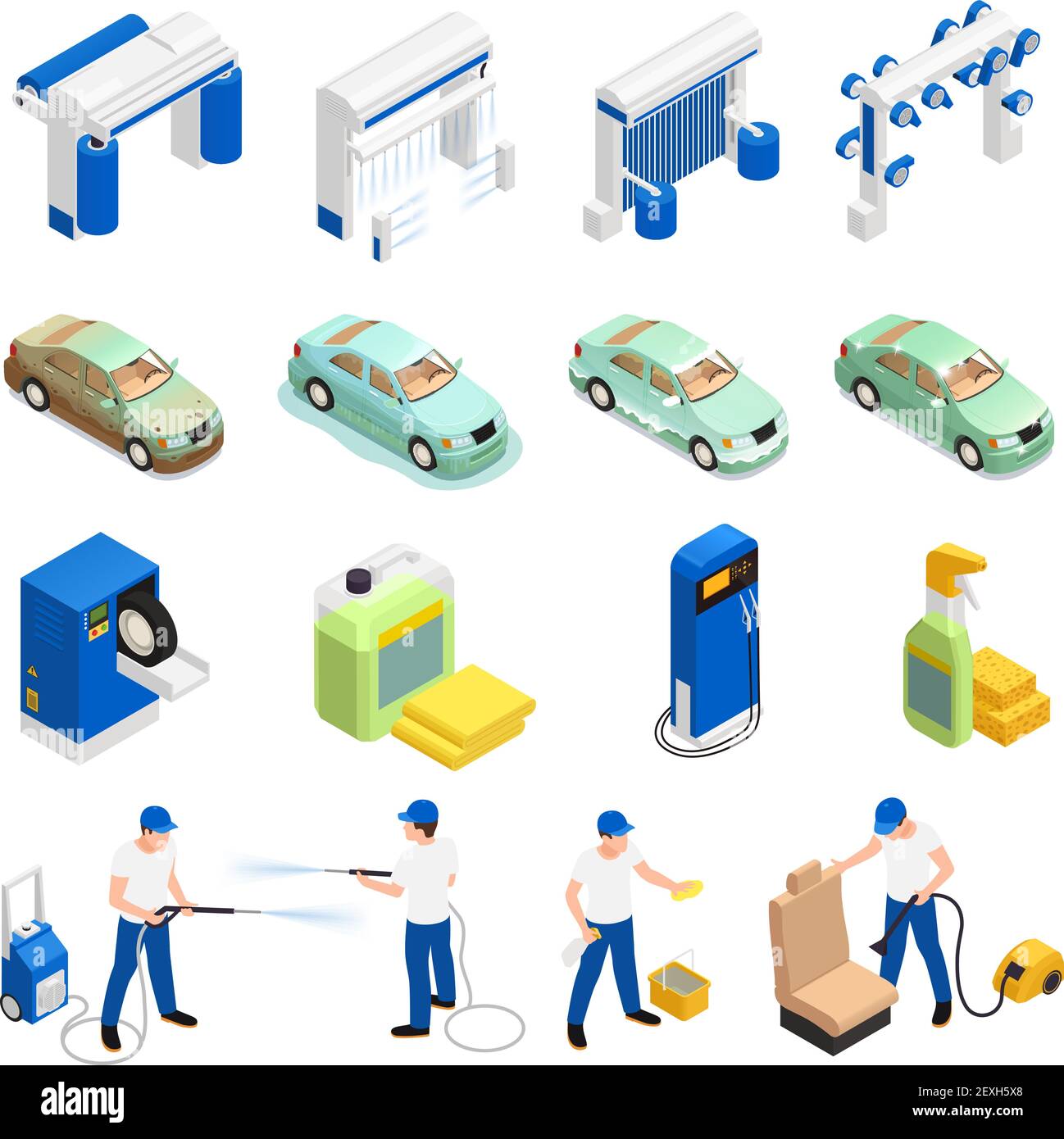 Carwash icons set with automatic car wash symbols isometric isolated ...