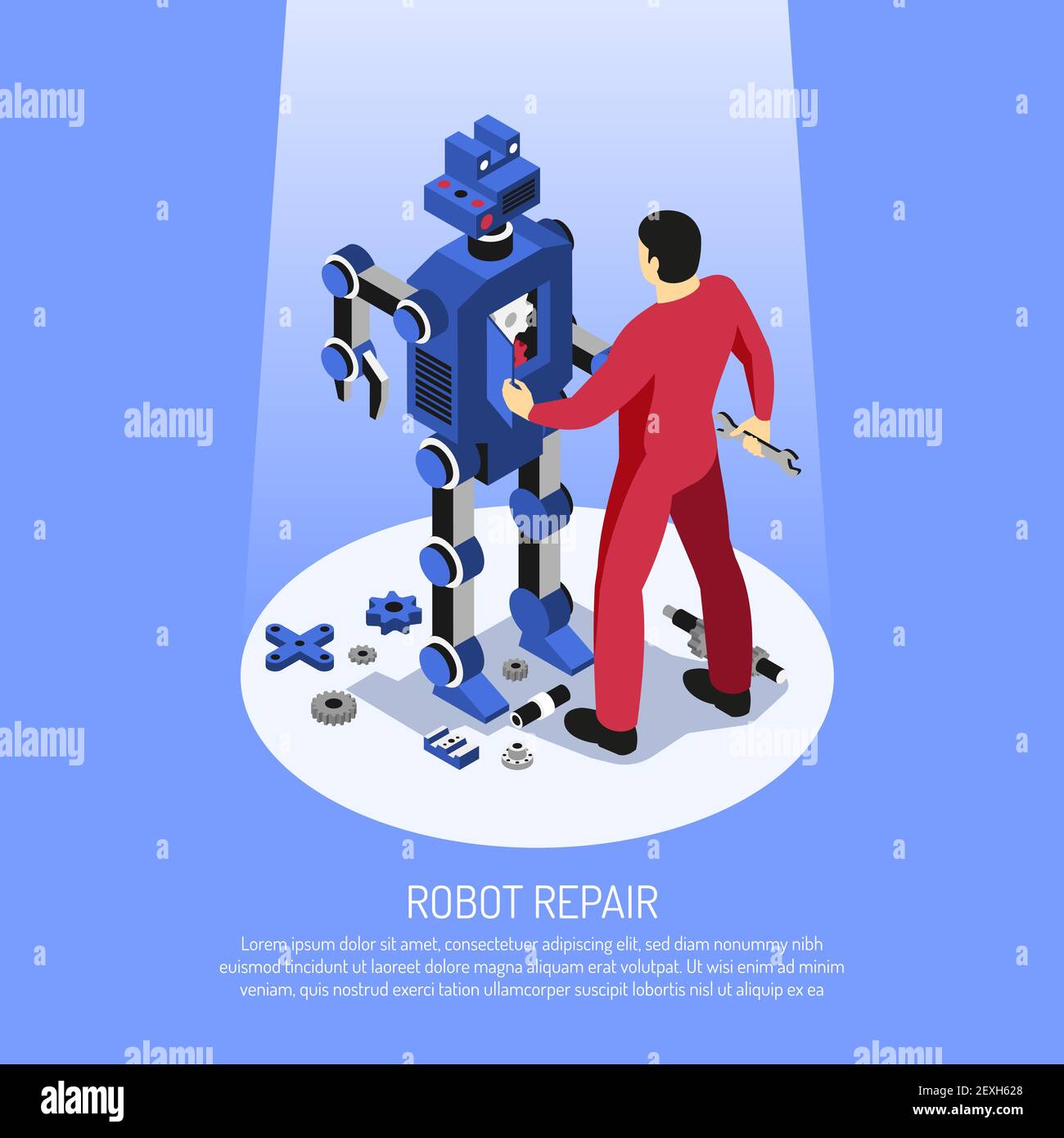 Mechanic in red uniform with professional tools during robot repair on ...