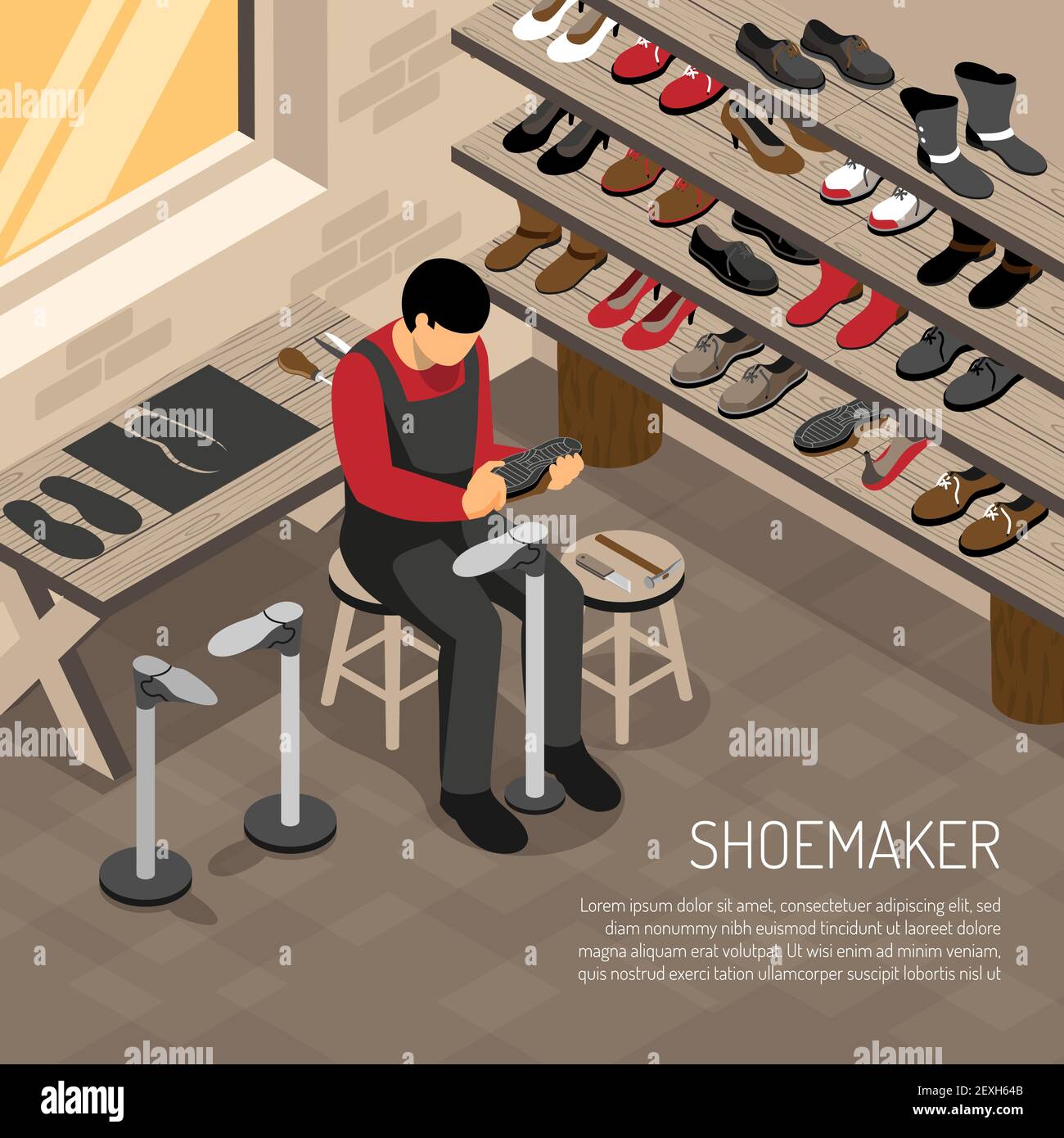 Shoe maker during work on background of shelves with foot wear ...
