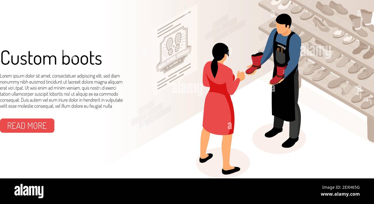 Shoe maker with his customer at work shop isometric vector illustration ...