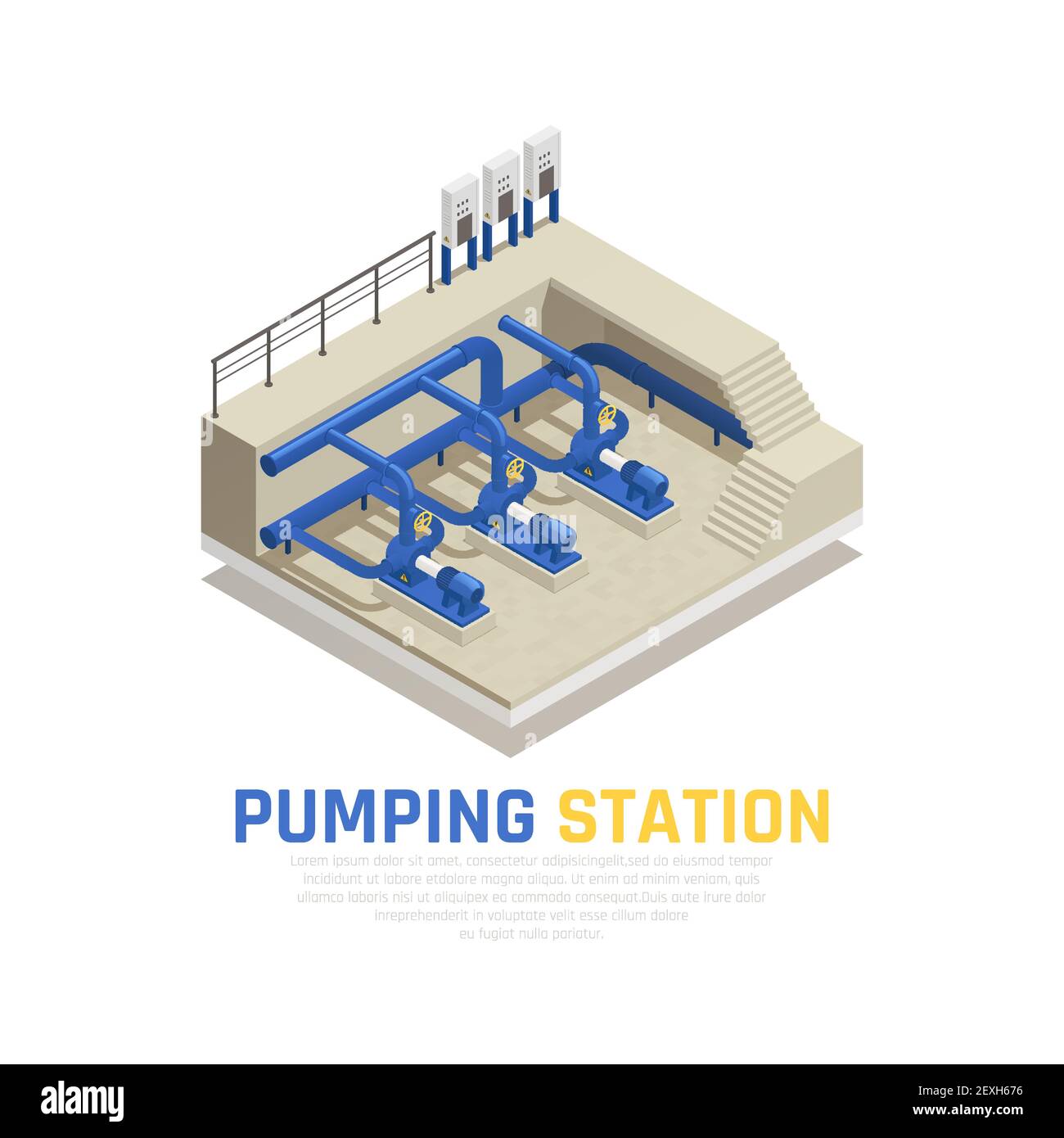Pumping station concept with water cleaning symbols isometric vector ...