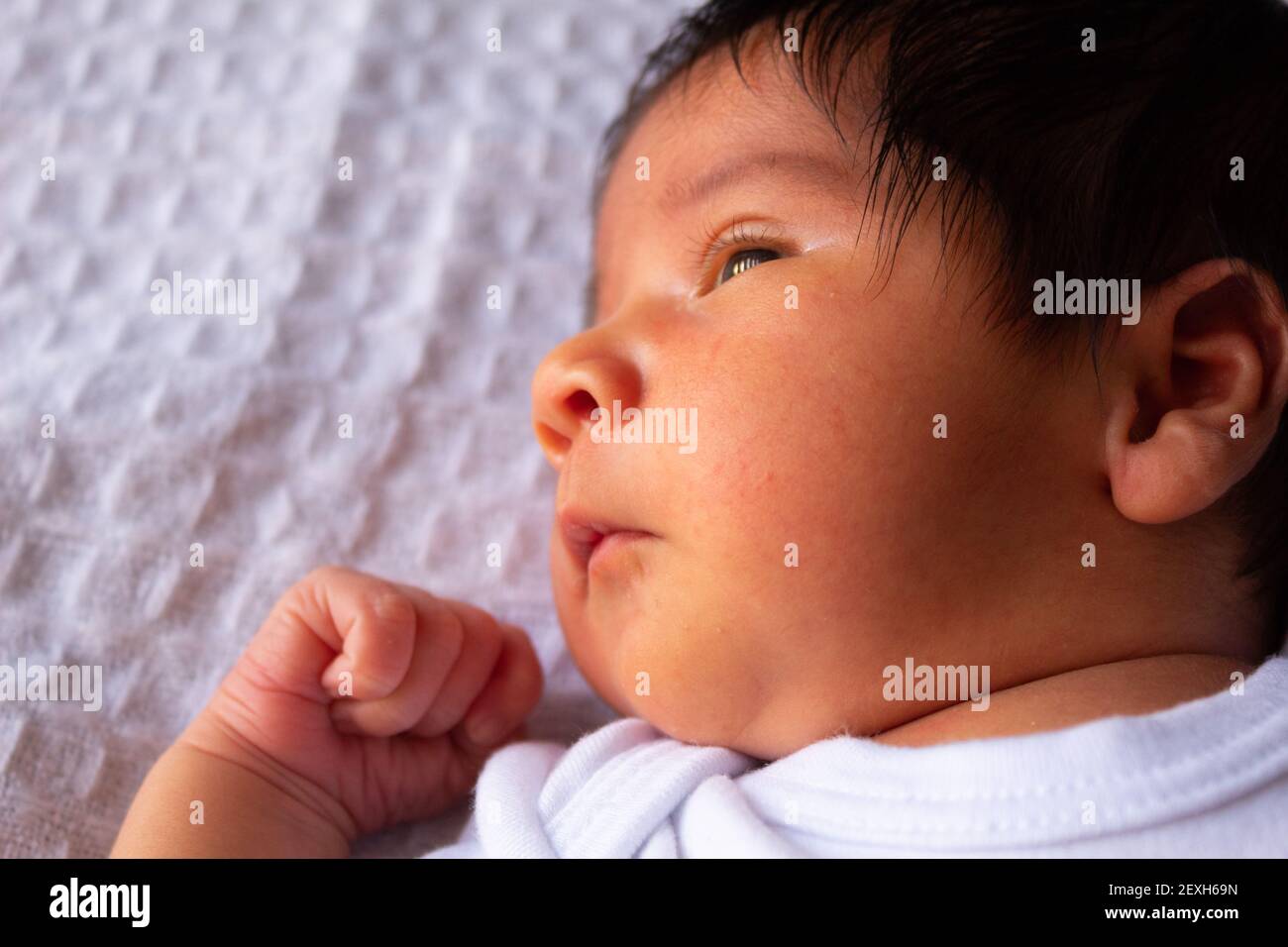 beautiful newborn hispanic baby on a white sheet, calm and relaxed ...