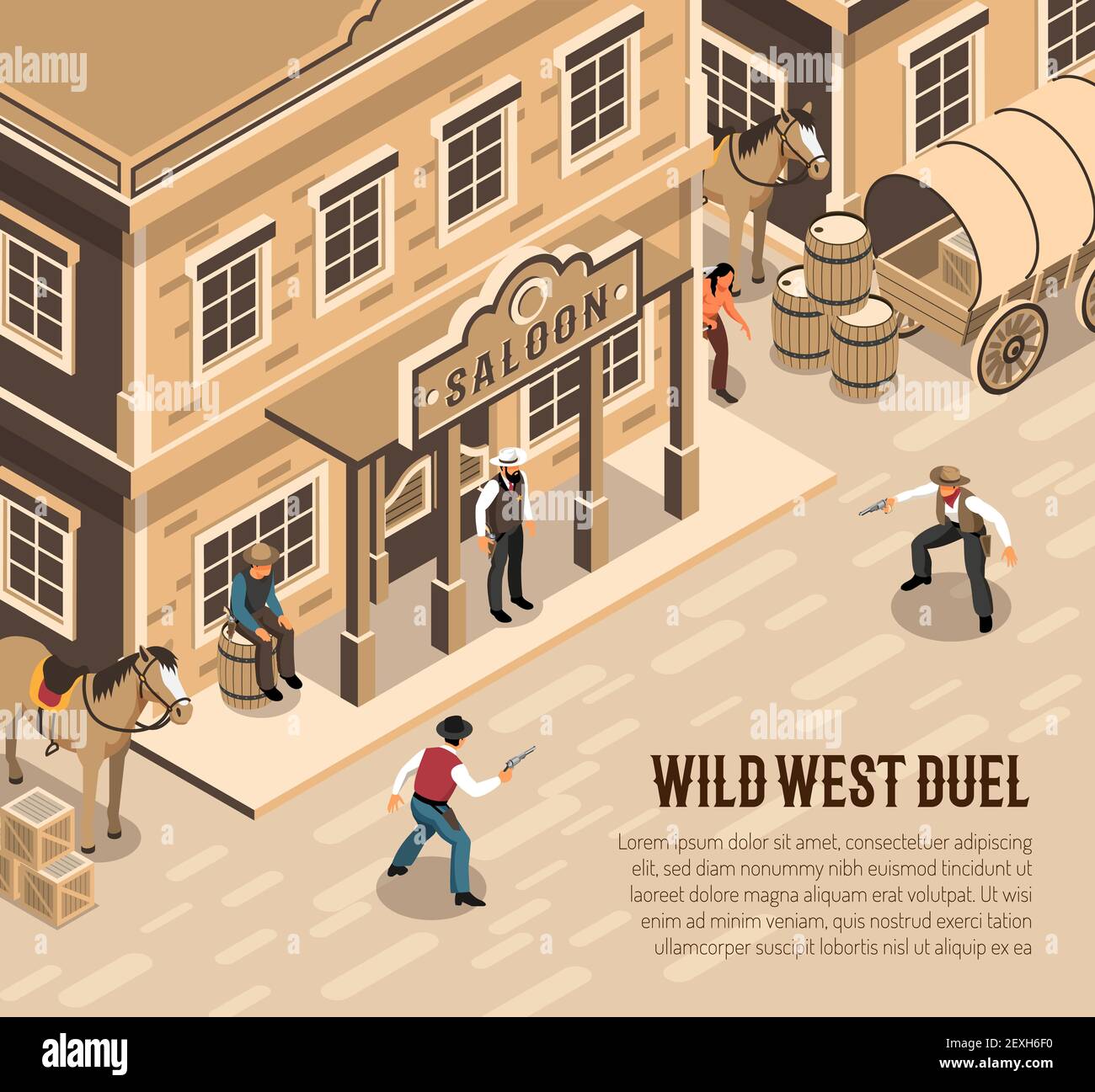 Wild west cowboys with pistols during duel sheriff near entrance of ...