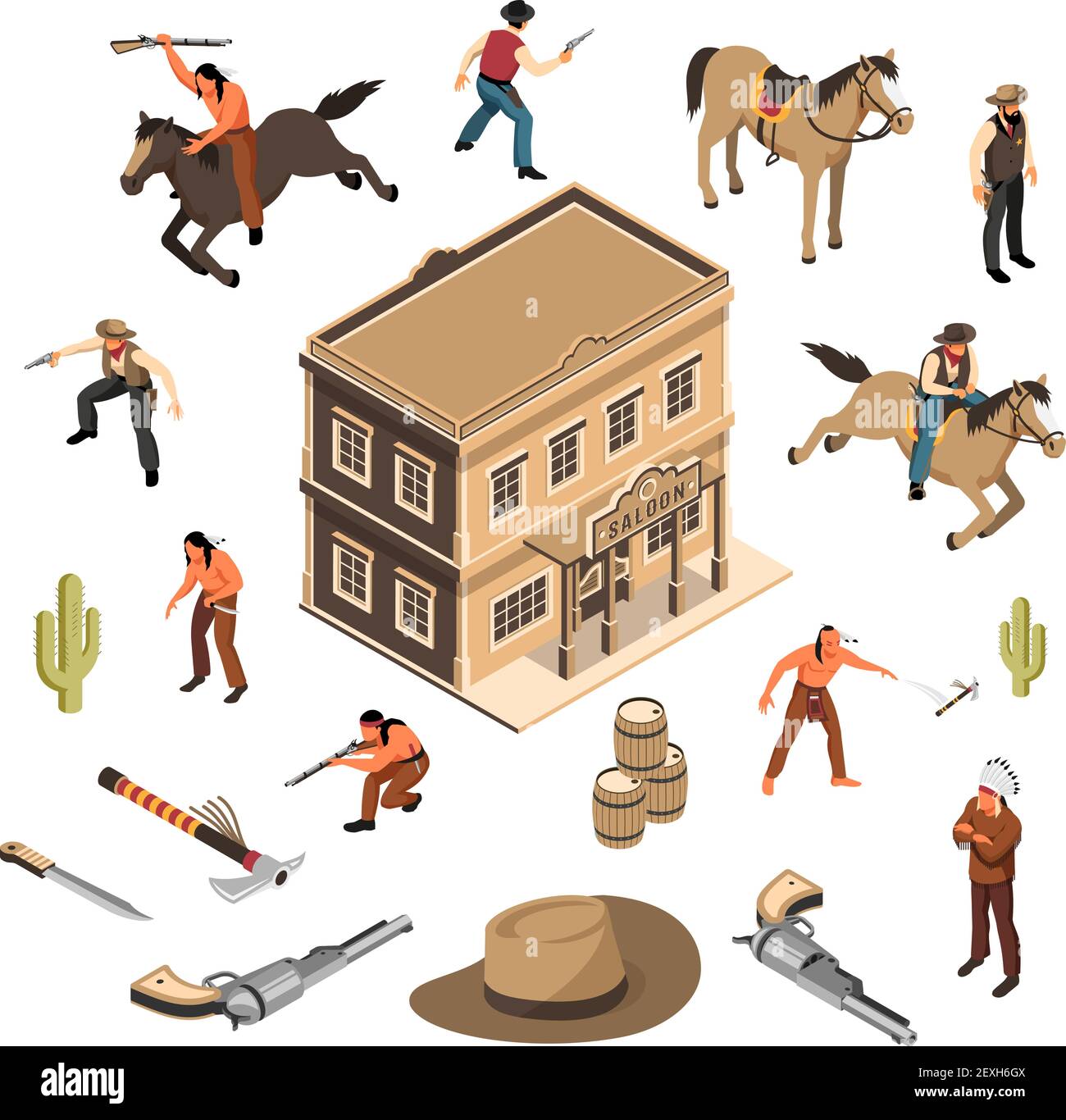 Wild west cowboys and native americans with weapon sheriff building of ...