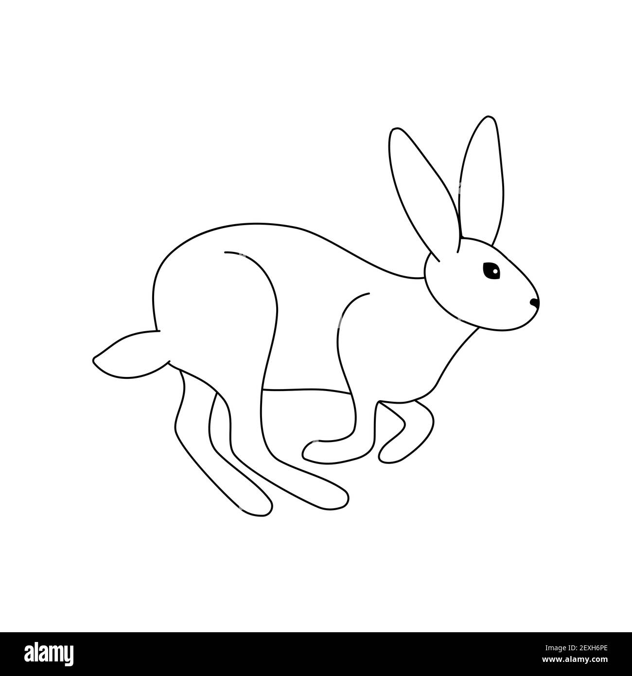 Vector illustration of a rabbit landing after a jump. Black outline ...