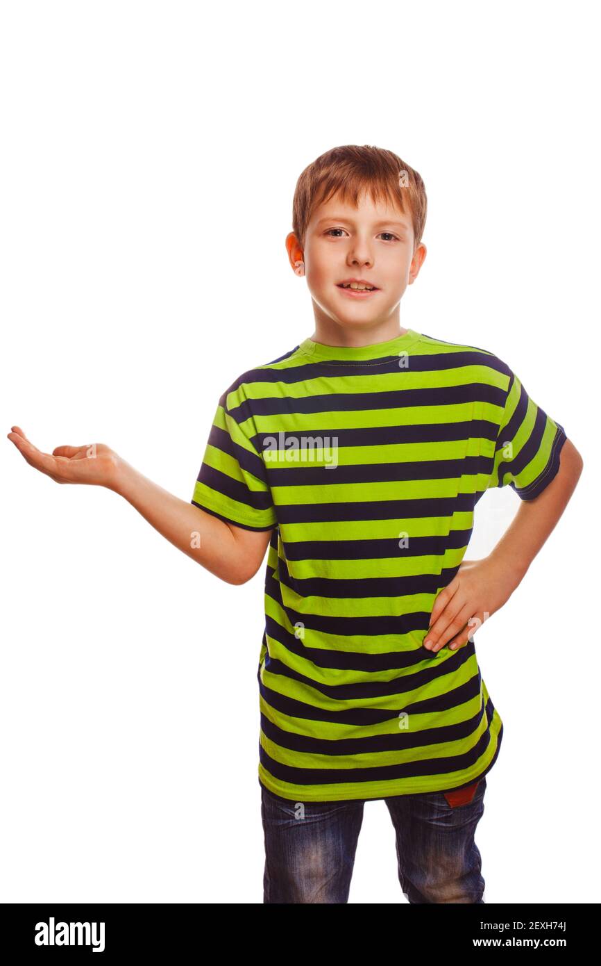 Blond boy child teenager open hand palm isolated on white backgr Stock ...