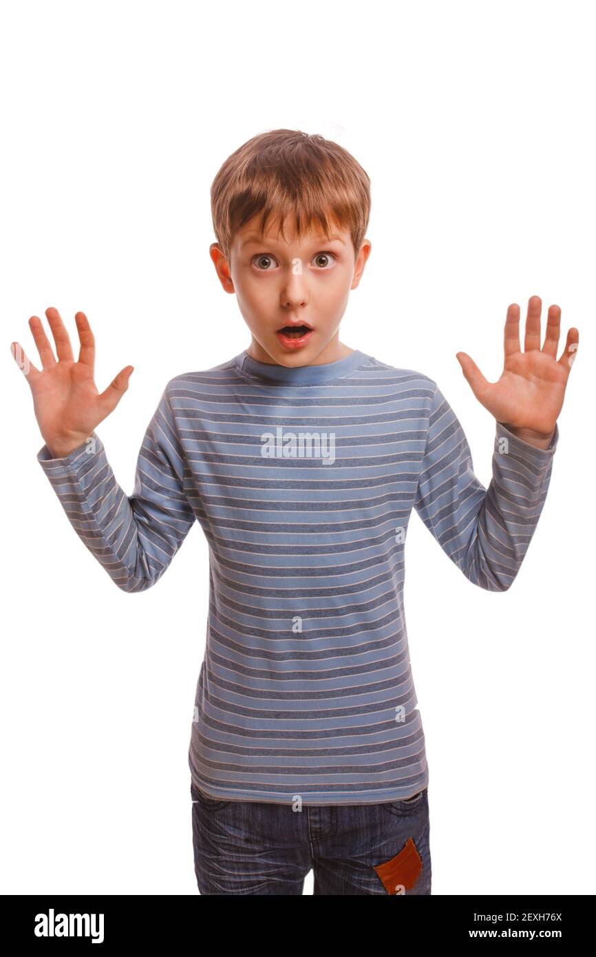 Blond raised his hands up child kid baby boy surprised surprise Stock ...