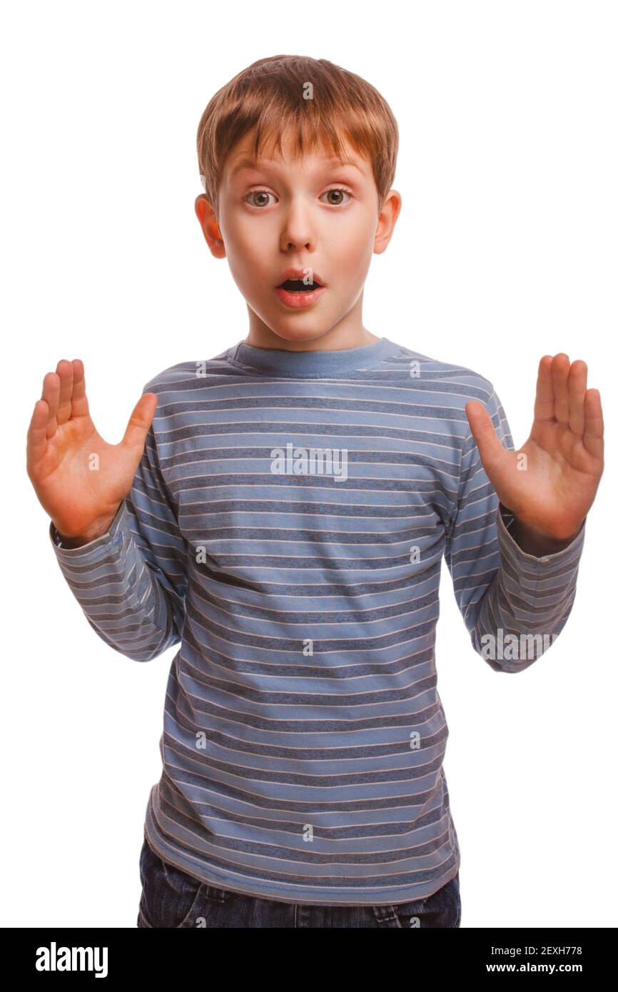 Blond child kid baby boy surprised surprise in striped sweater a Stock ...