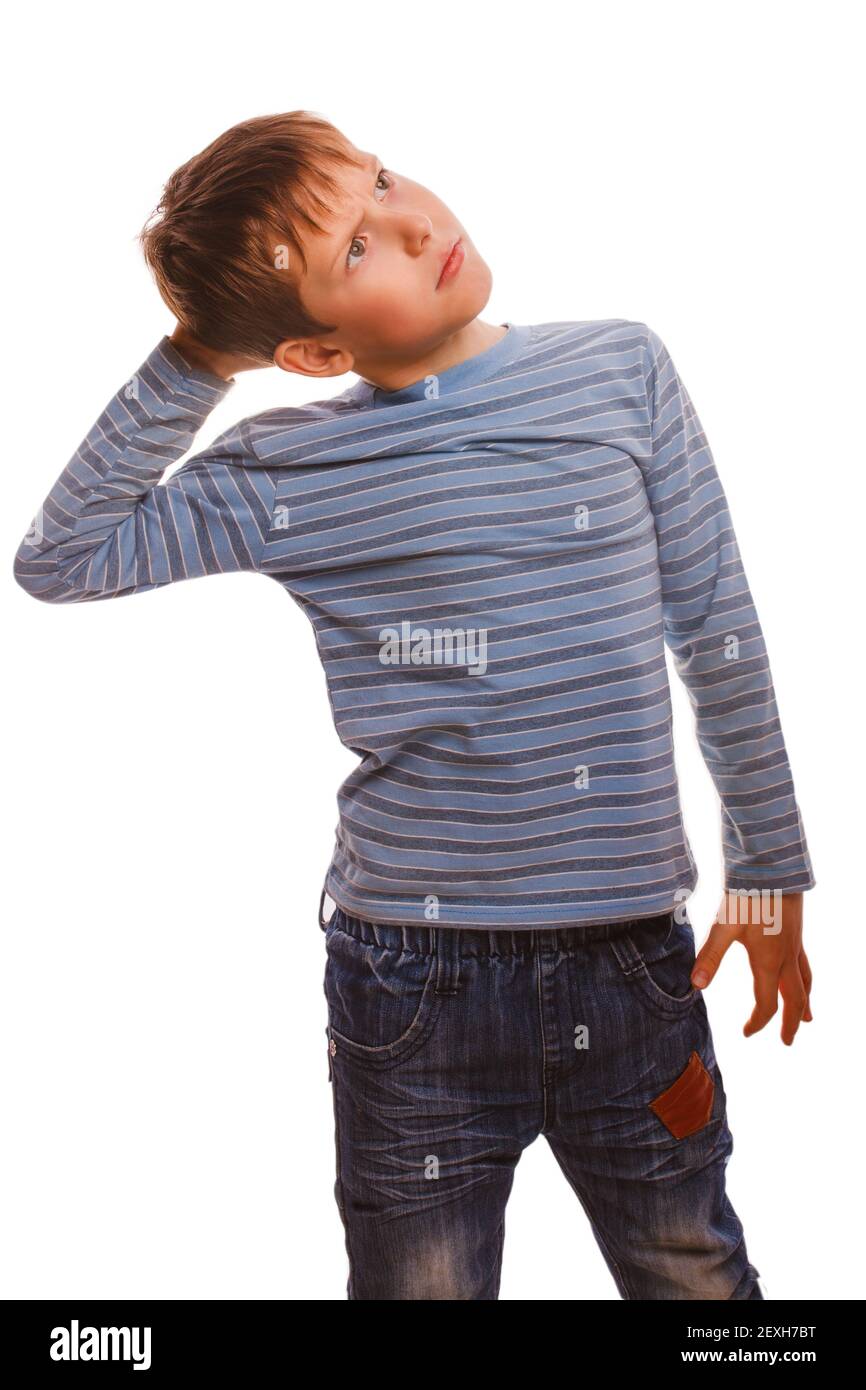 Kid blond in striped sweater thinks boy scratching his head hair Stock ...