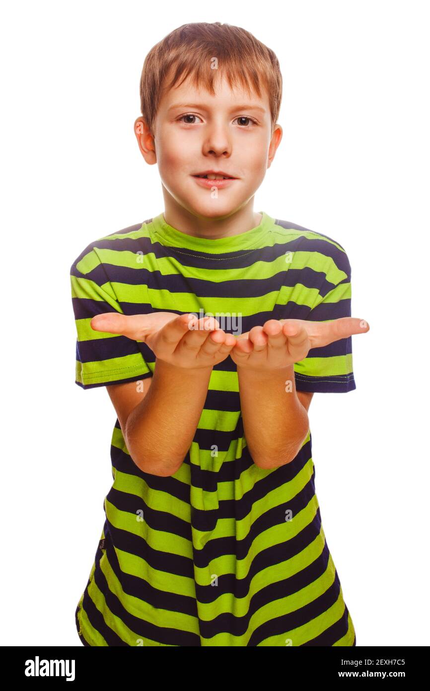 Boy child teenager blond open hand palm isolated on white backgr Stock ...