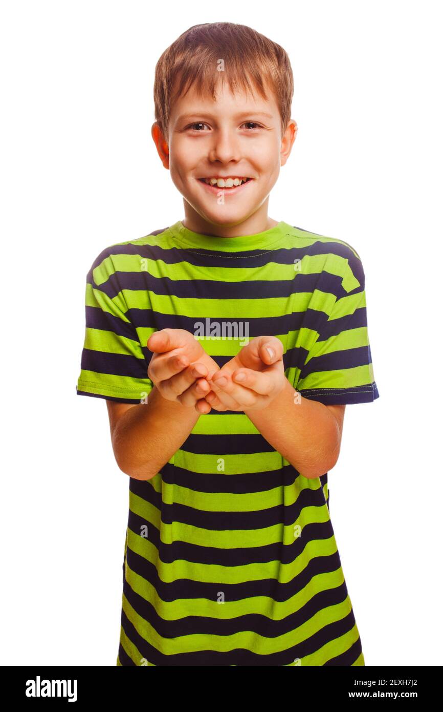 Boy child teenager blond open hand palm isolated on white studio Stock ...