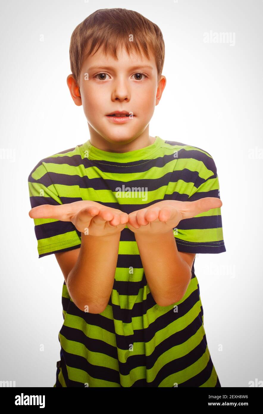 Boy child teenager blond open hand palm Stock Photo - Alamy