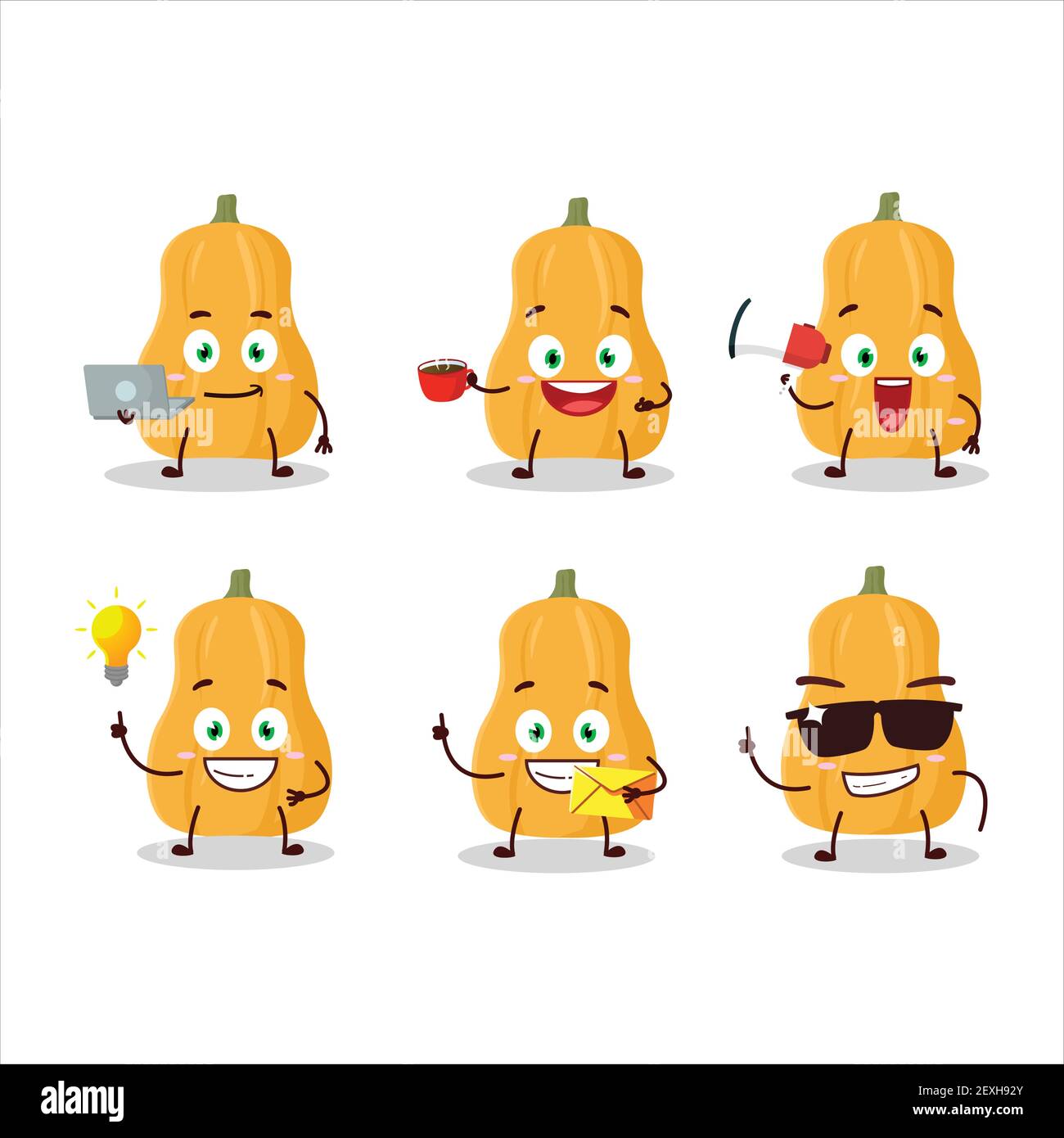 Butternut squash cartoon character with various types of business ...