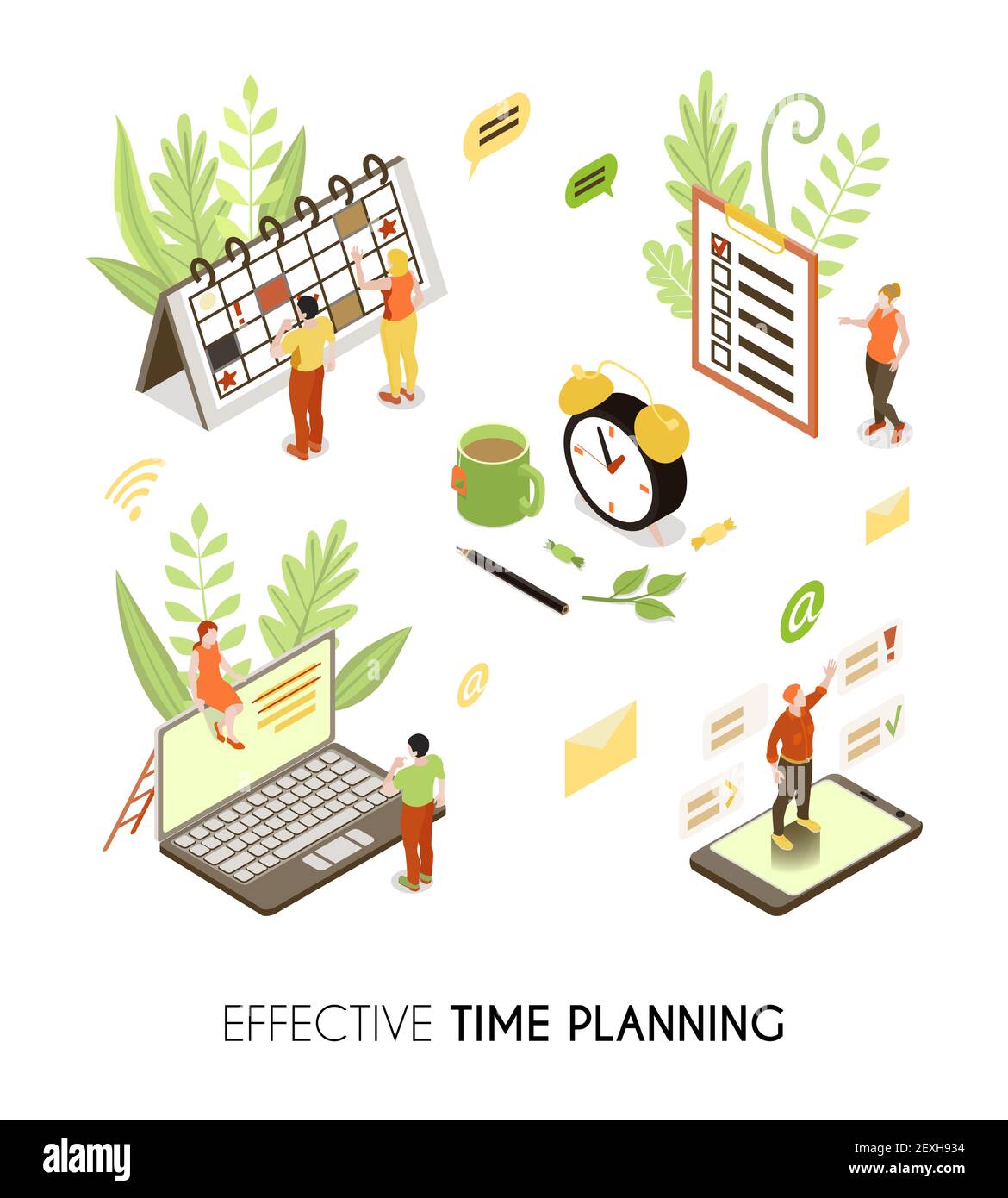 Effective time planning isometric background with people making ...
