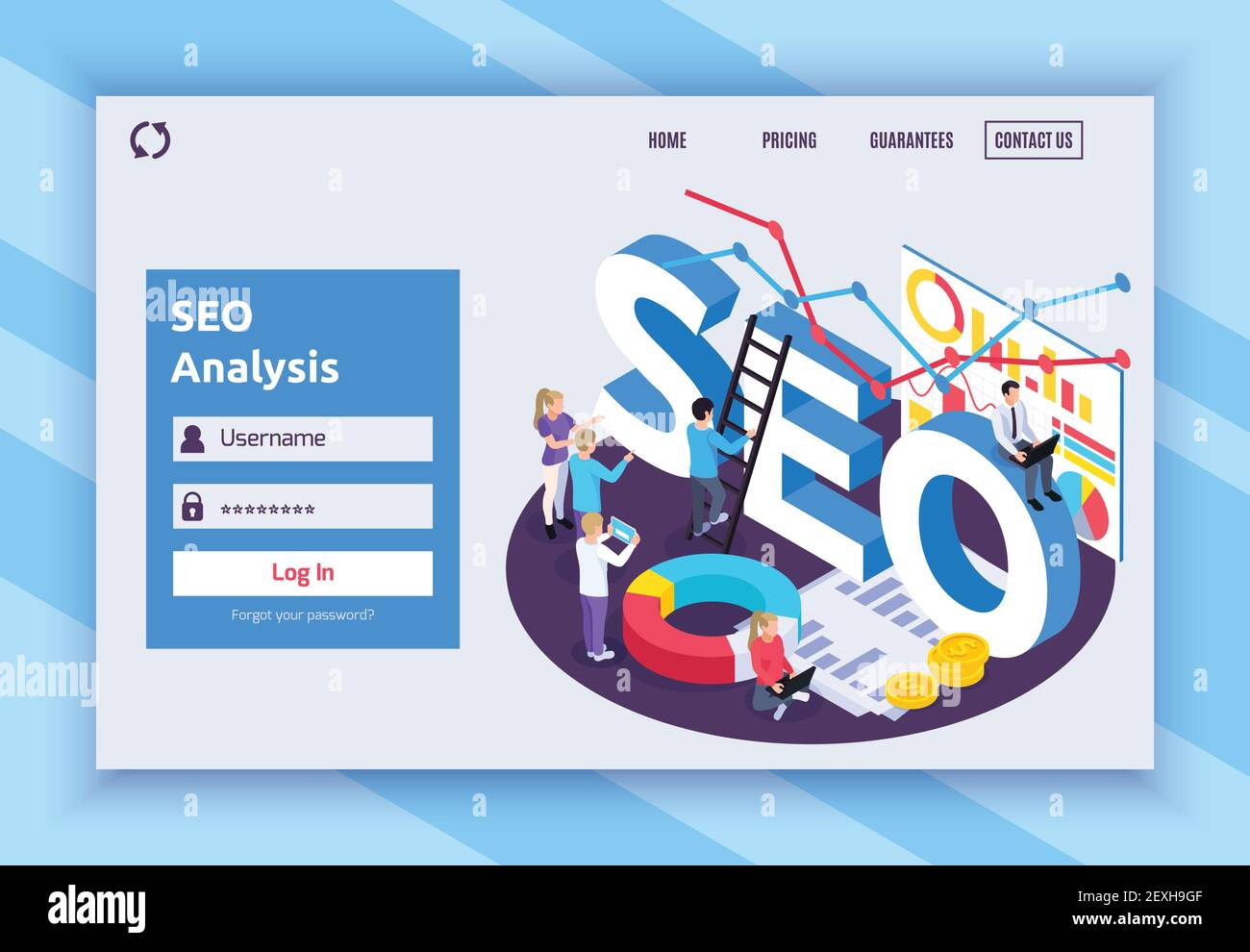 SEO isometric page design with price and guarantee symbols vector ...