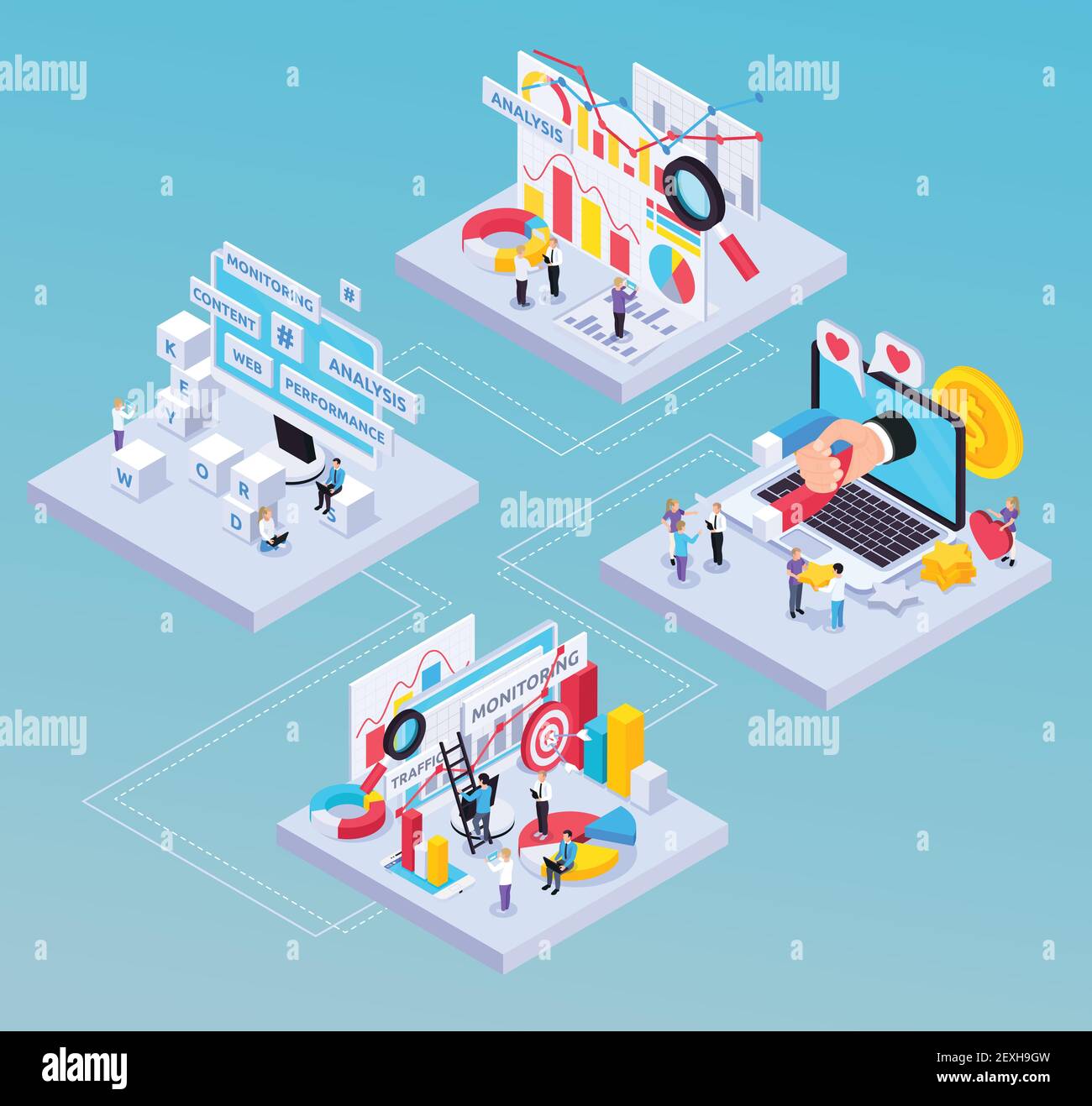 Seo analysis isometric composition with web optimization symbols vector ...