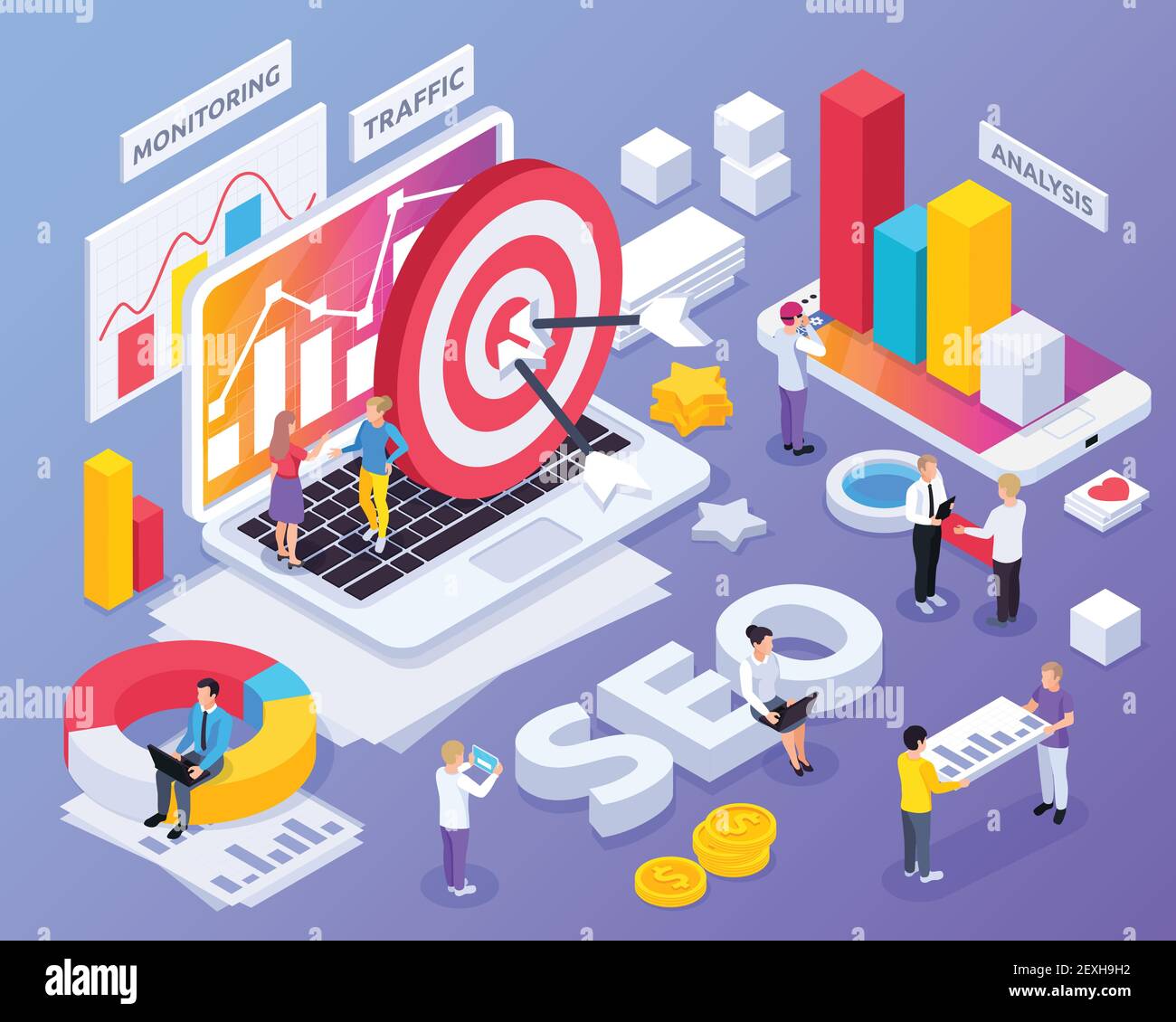 SEO isometric concept with monitoring and traffic symbols isolated ...