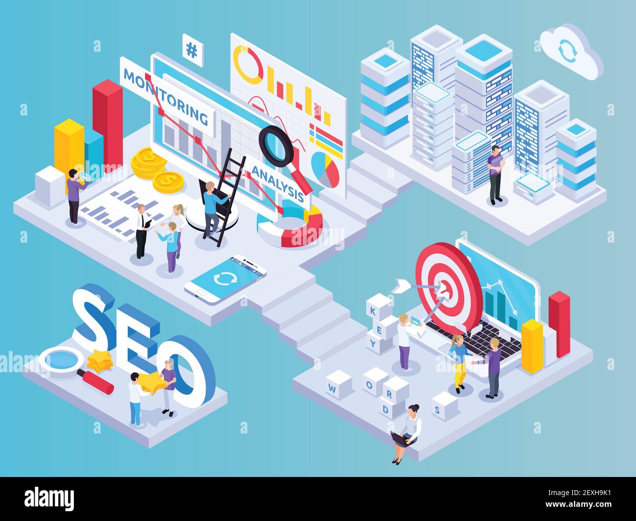 SEO project isometric composition with key words symbols vector ...