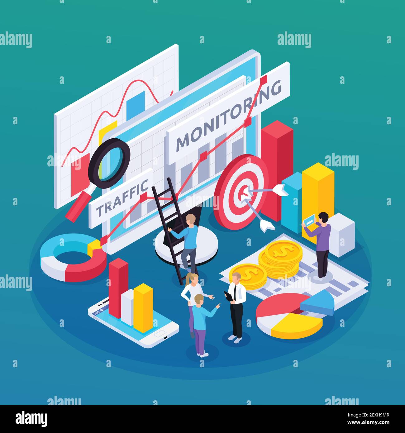 Seo analysis isometric composition with web optimization symbols vector ...
