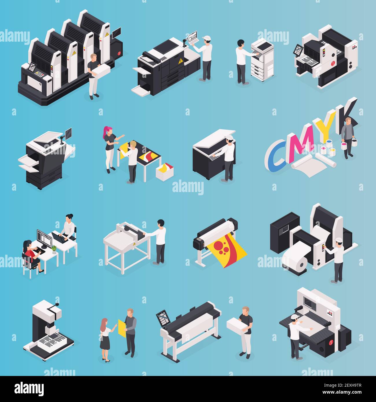 Printing house icons set with polygraphy symbols isometric isolated vector illustration Stock ...