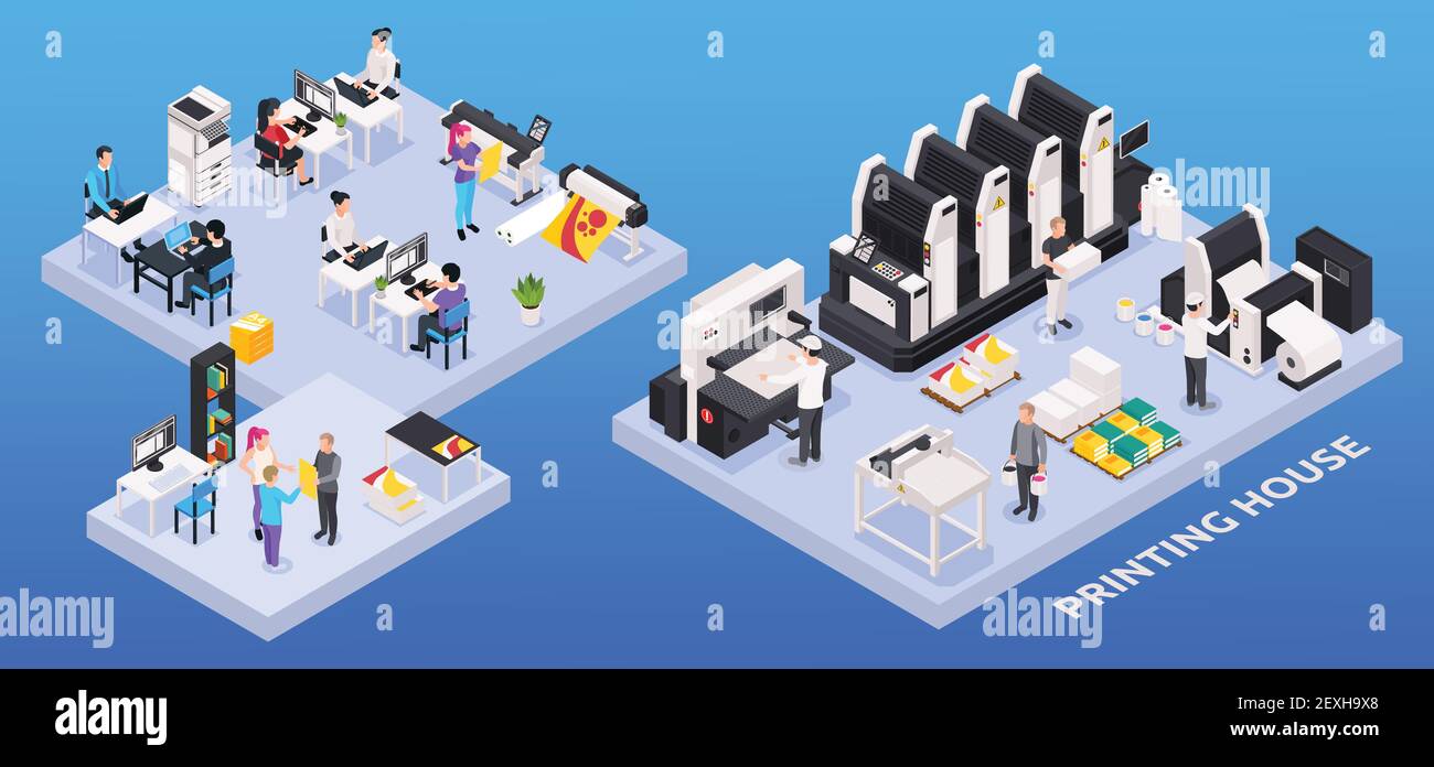 Printing house composition with polygraphy industry symbols isometric isolated vector ...