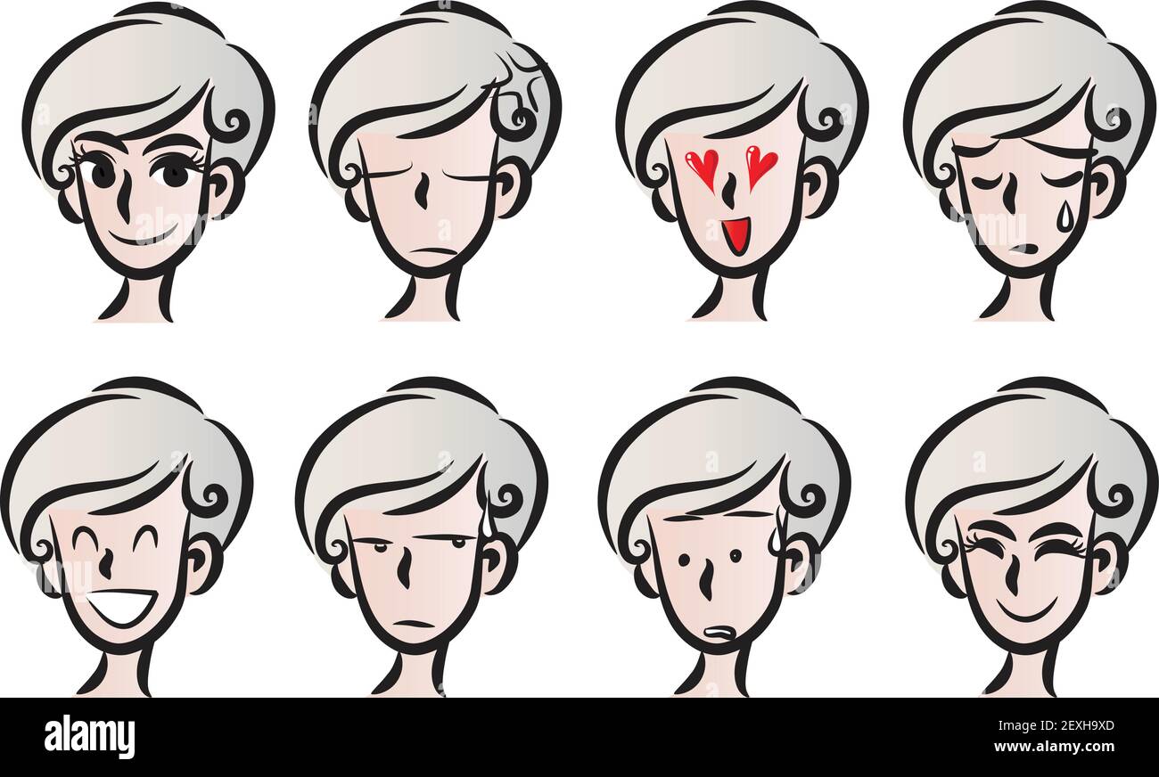 vector cartoon short grey hair beauty face emoji set Stock Vector Image ...