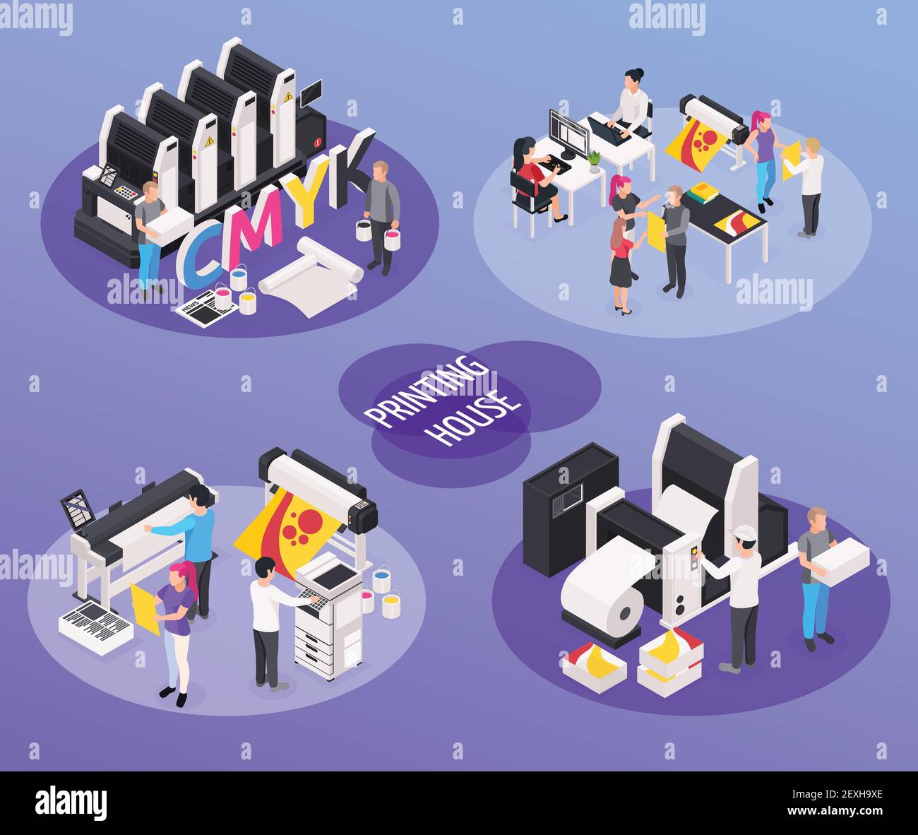 Printing house concept icons set with polygraphy and press symbols isometric isolated vector ...
