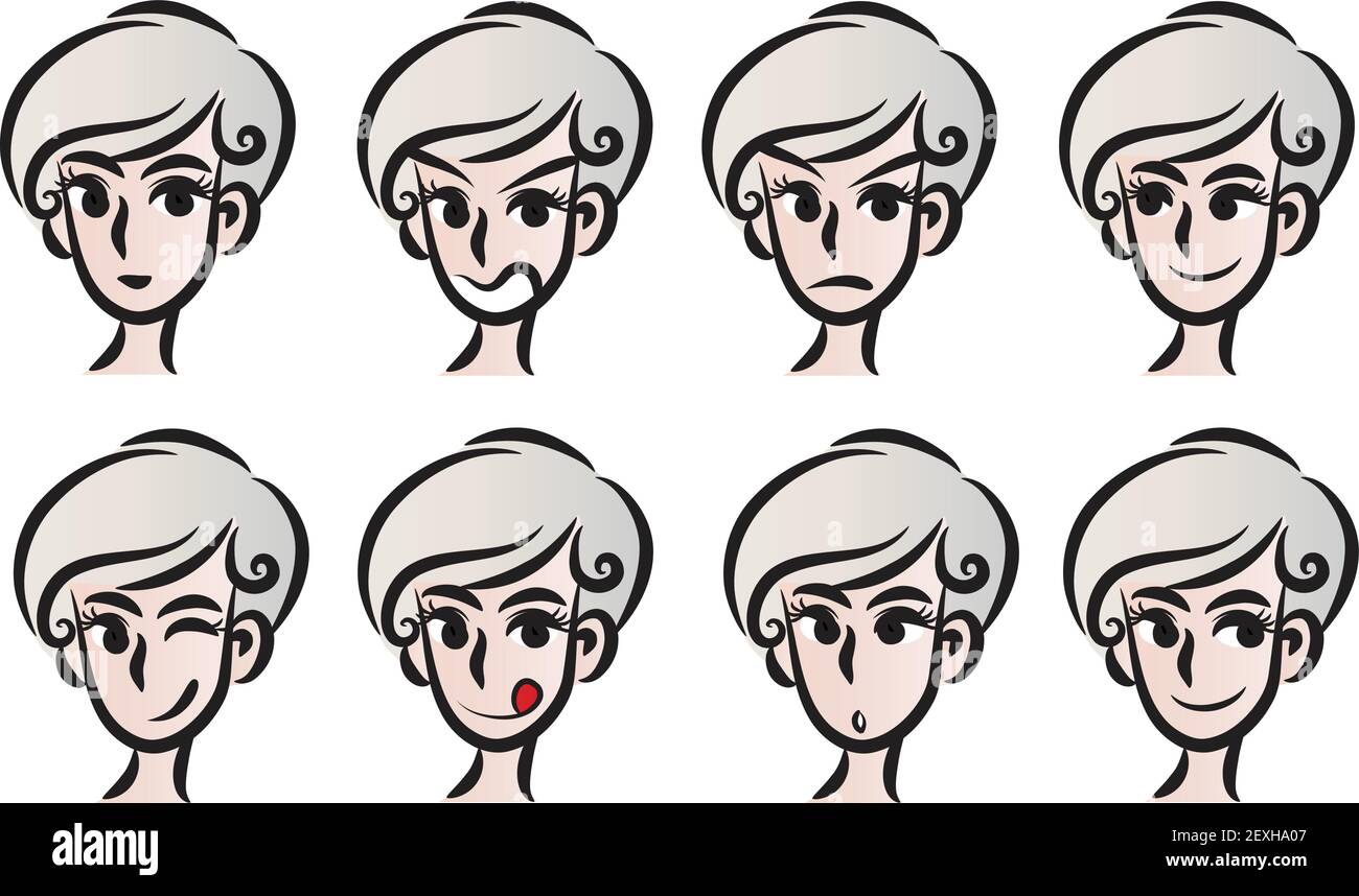 vector cartoon short grey hair beauty face emoji set Stock Vector Image ...