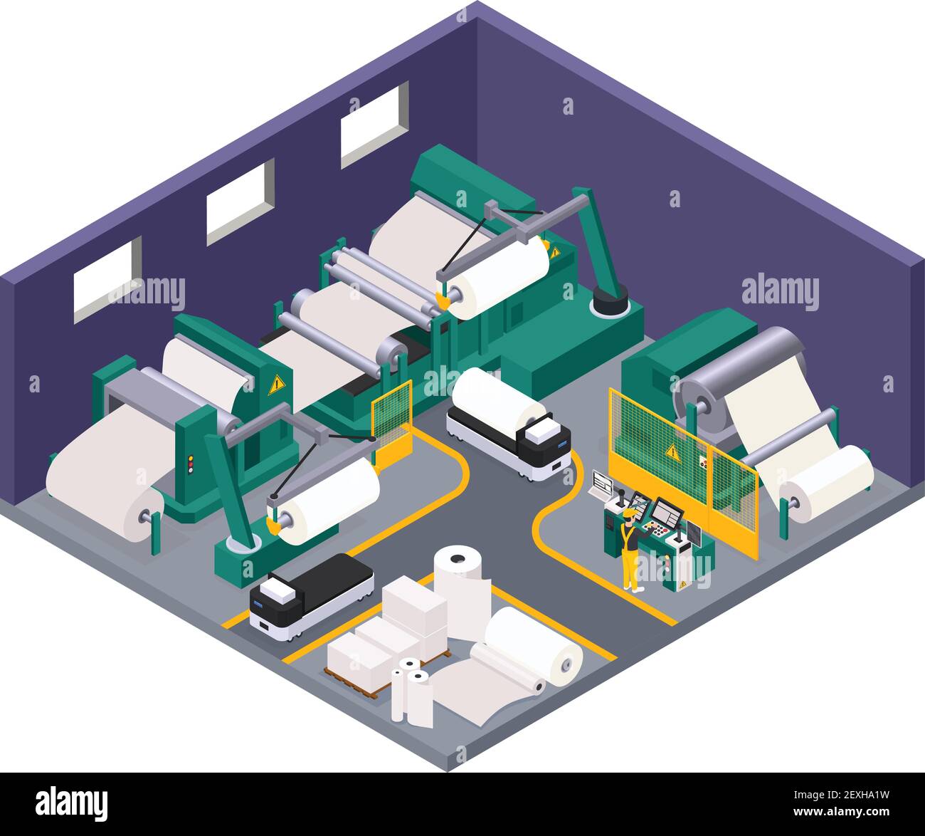 Paper production concept with books and toilet paper symbols isometric ...