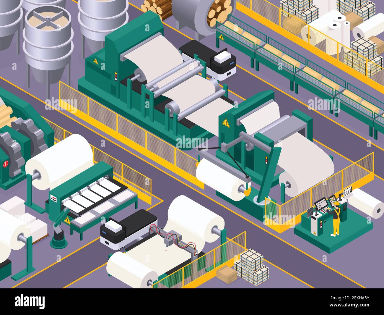 Paper production background with conveyor and manufacture symbols ...