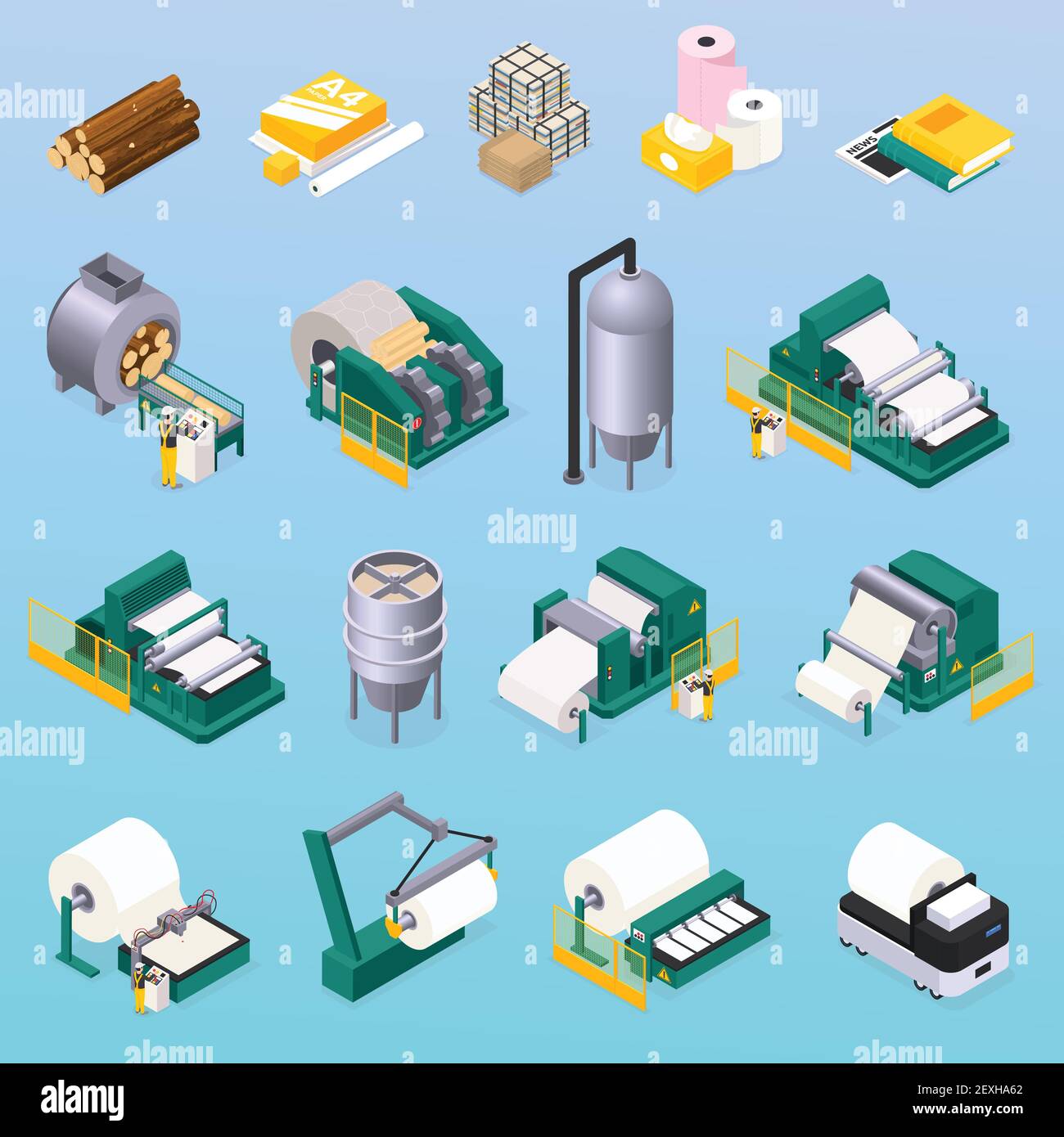 Paper production icons set with wood and press symbols isometric ...