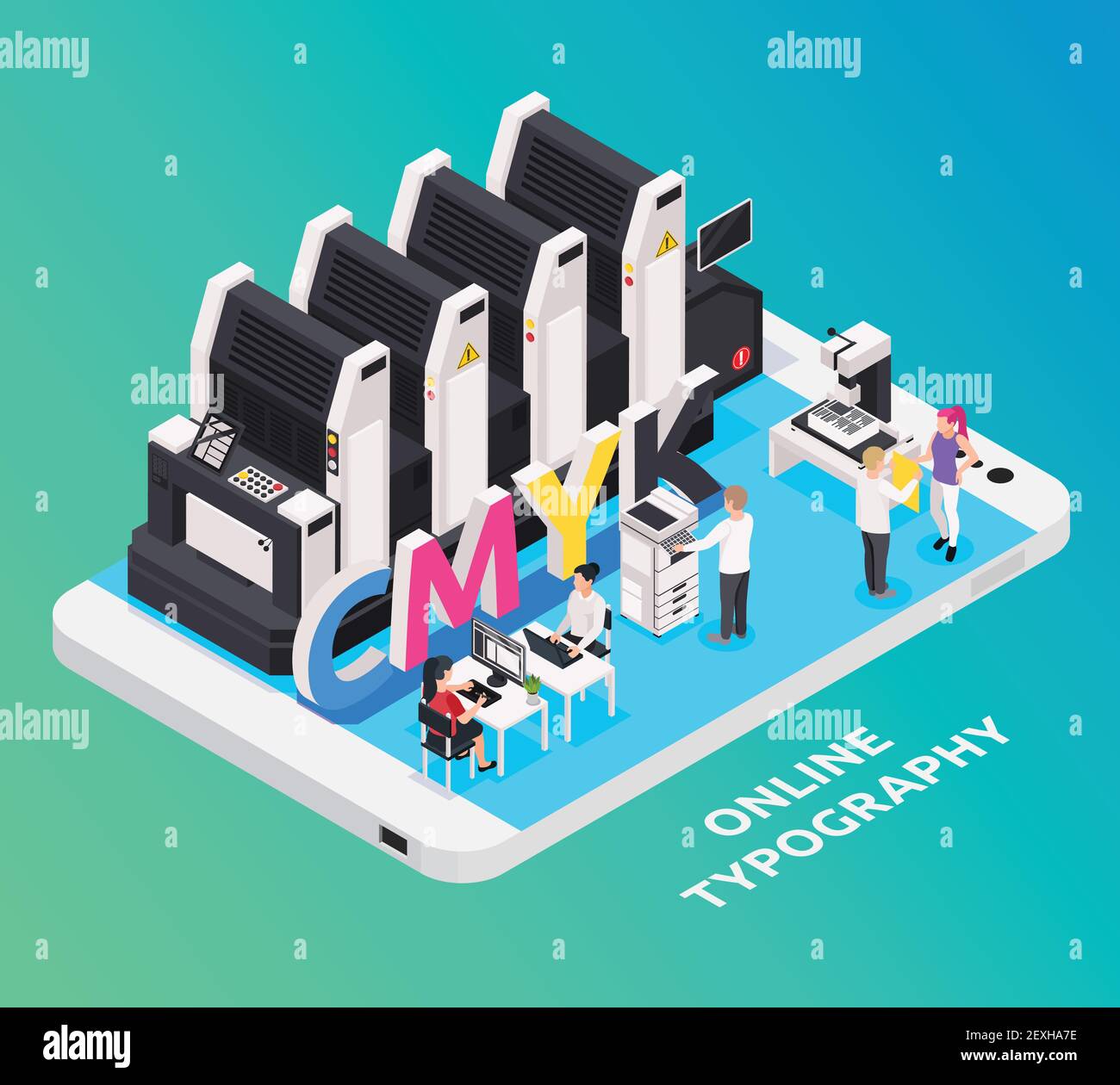 Polygraphy industry concept with online typography symbols isometric vector illustration Stock ...