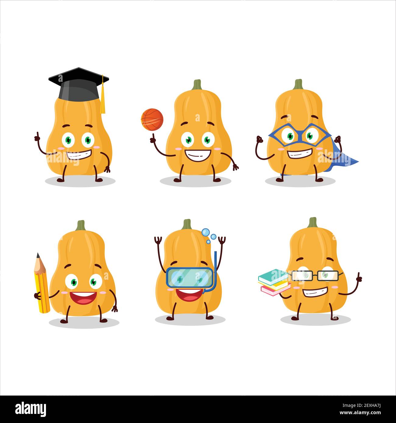 School student of butternut squash cartoon character with various ...