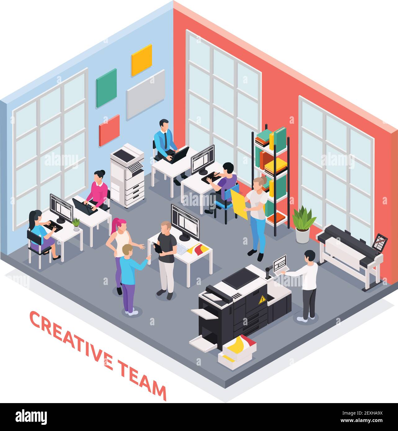 Printing house isometric concept with creative team and press industry ...