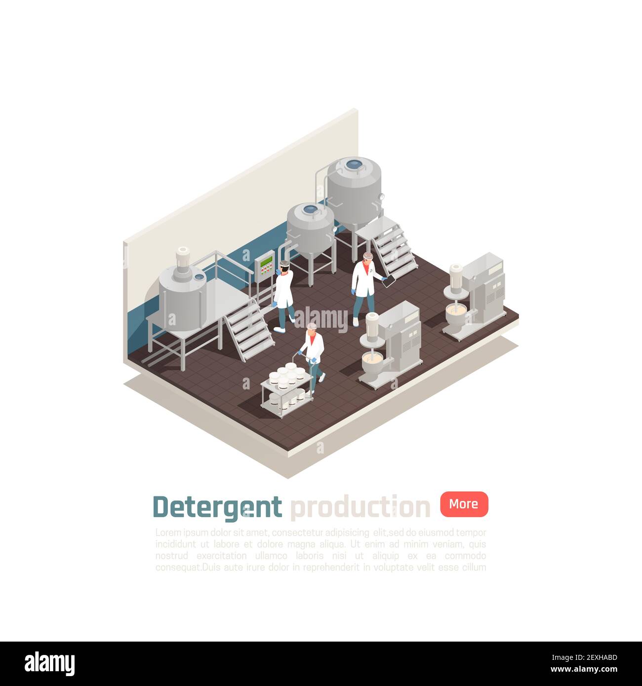 Detergent production isometric composition with staff in white uniform ...
