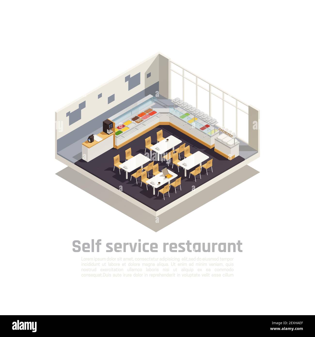Self service restaurant isometric composition presented interior of ...