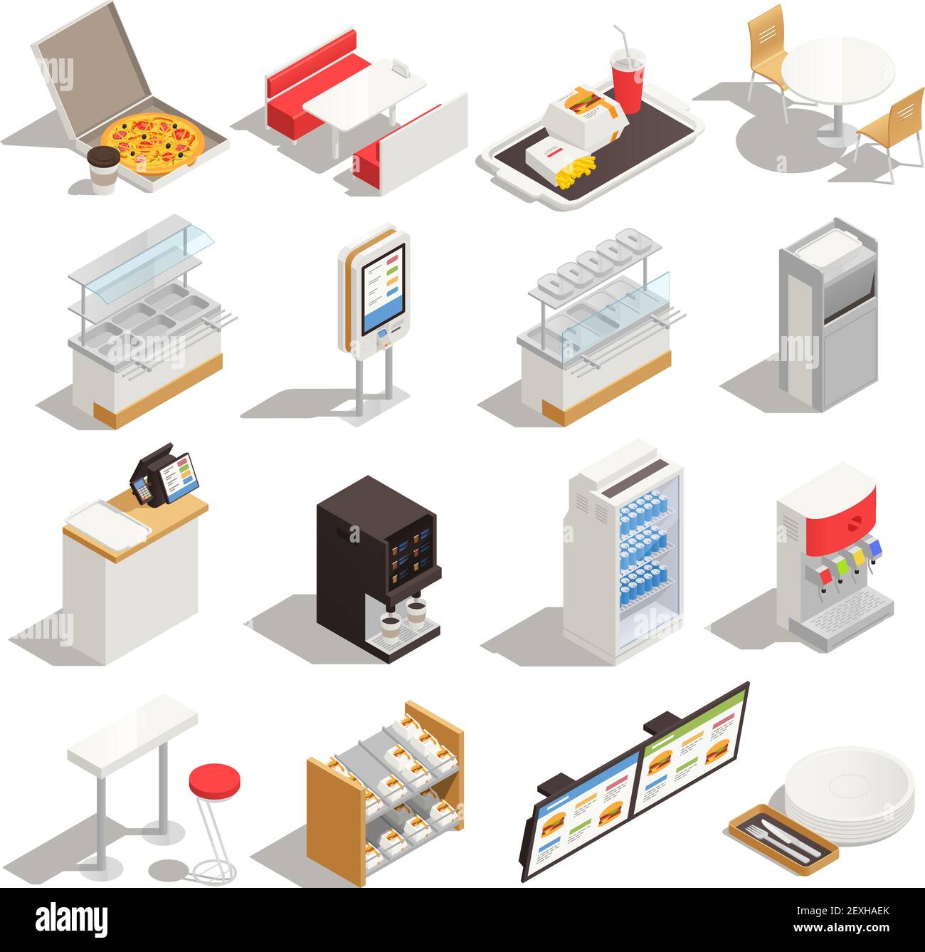 Fast food isometric set with elements of self service restaurant ...