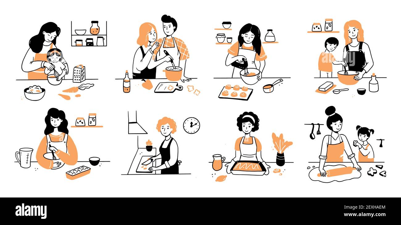 Hand drawn set of cooking people character. Smiling young woman, mom ...