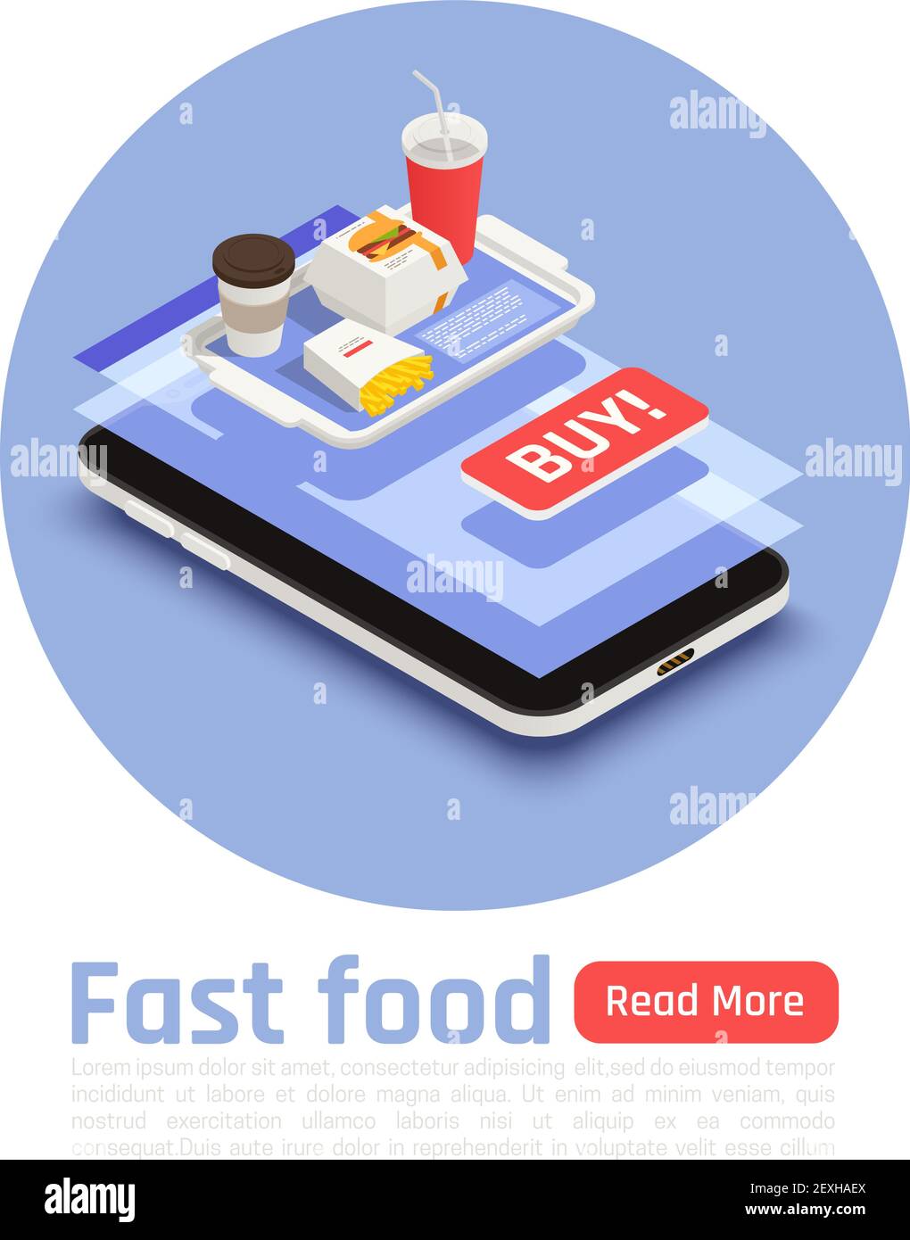 Fast food round design concept with tray of hamburger fried potatoes ...