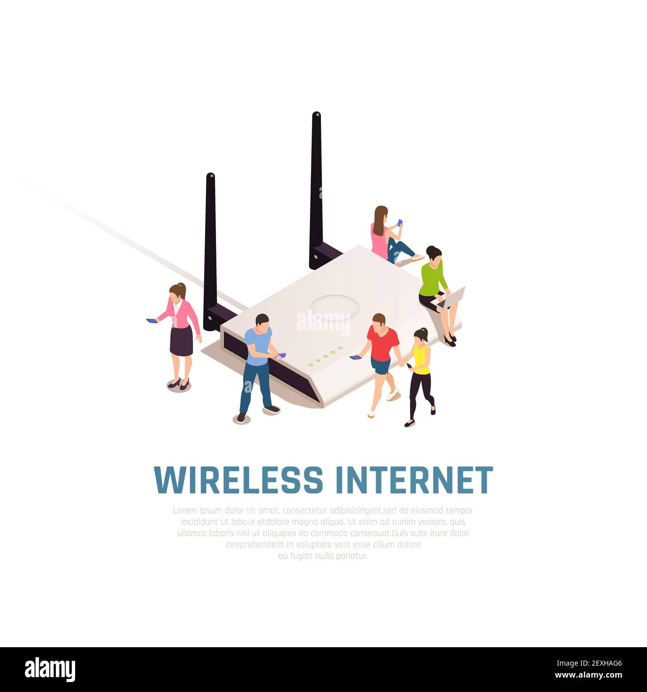 Wireless internet isometric composition with little people around big ...