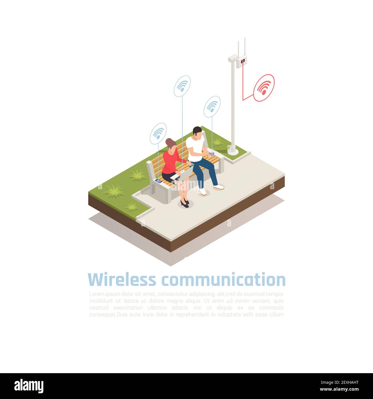 Wireless communication isometric poster with male and female characters sitting in city park ...