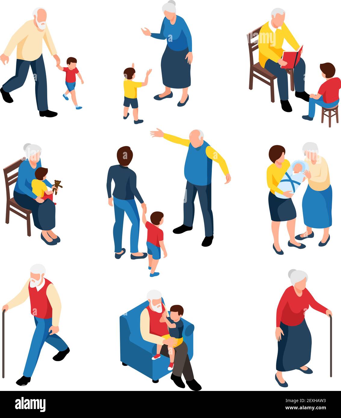 Family isometric set with grandmother and grandfather babysitting their ...