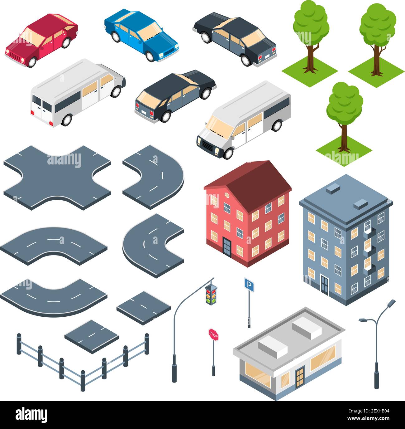 City constructor isometric set with road elements crossroad town ...
