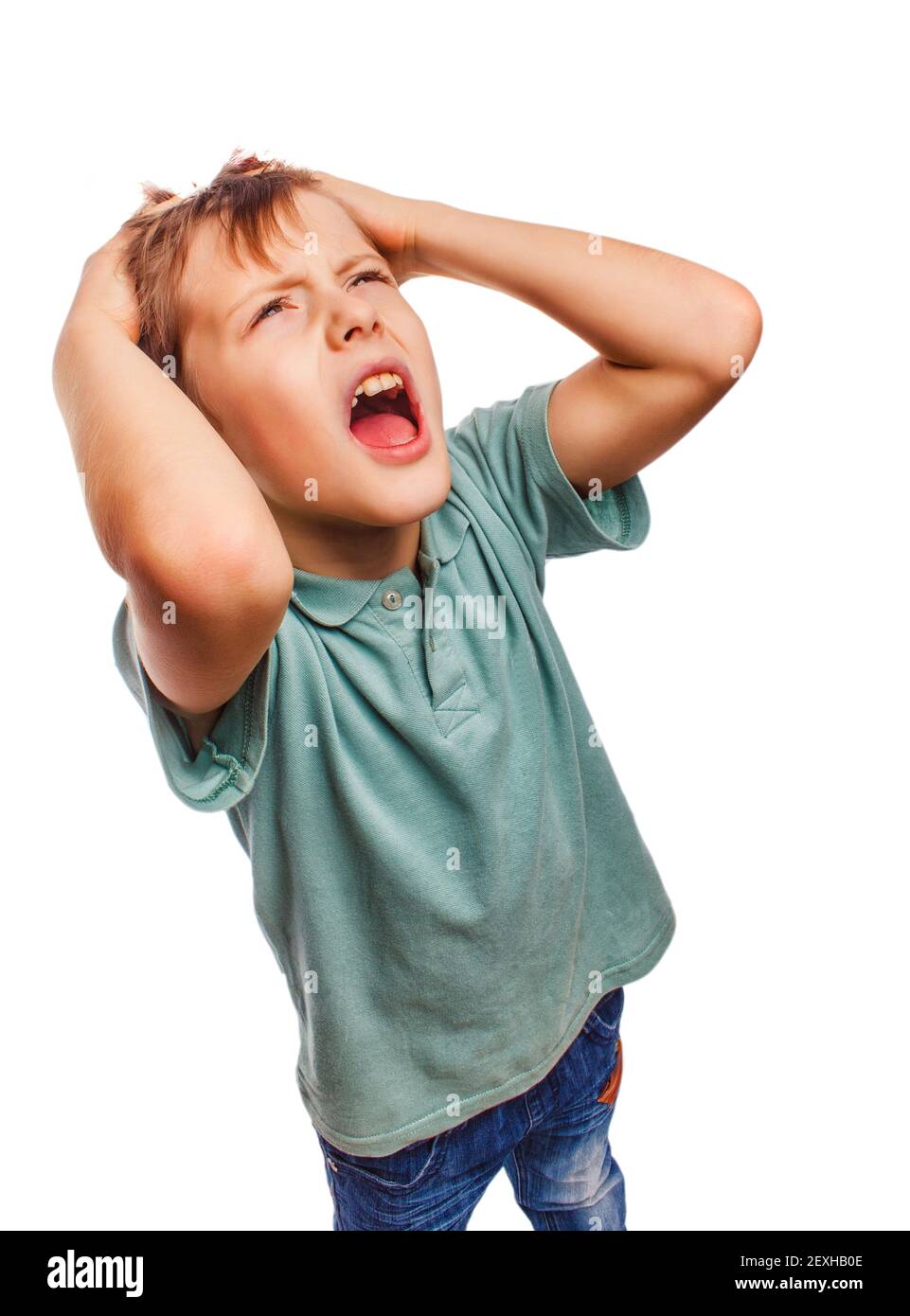 Child boy upset angry shout produces evil face portrait isolated Stock ...