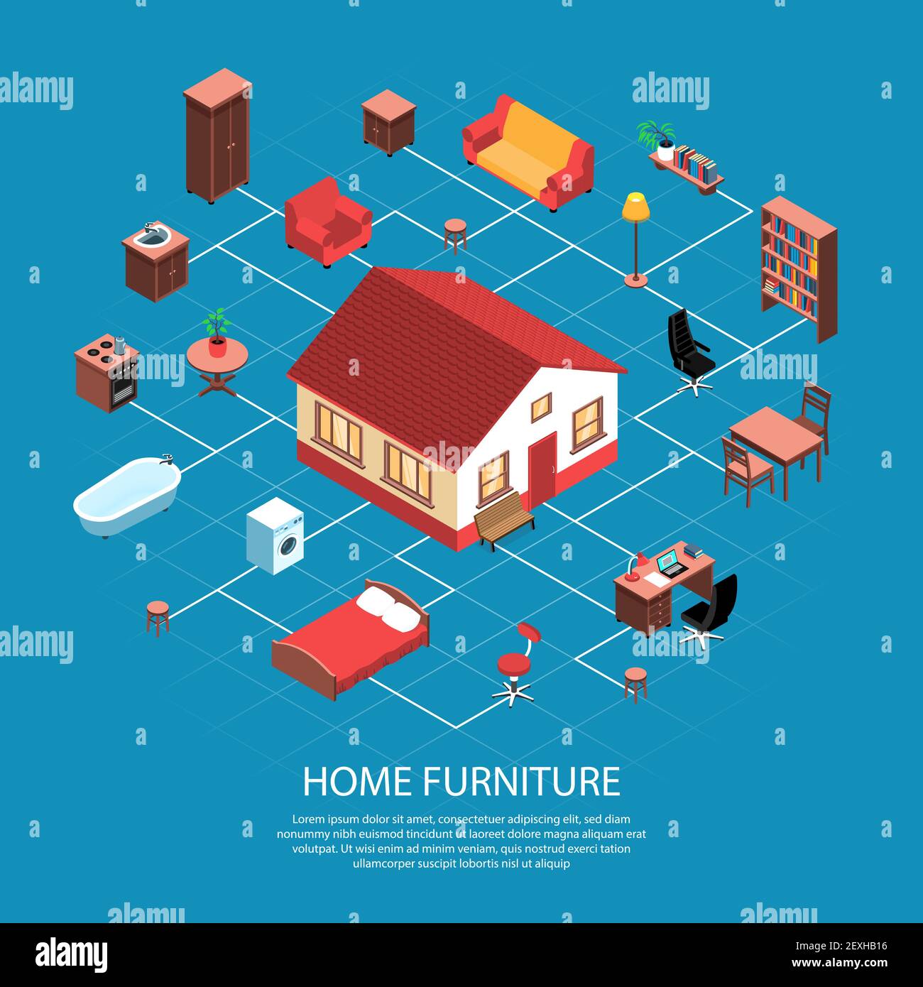 Home interior objects isometric flowchart with house building sanitary ...