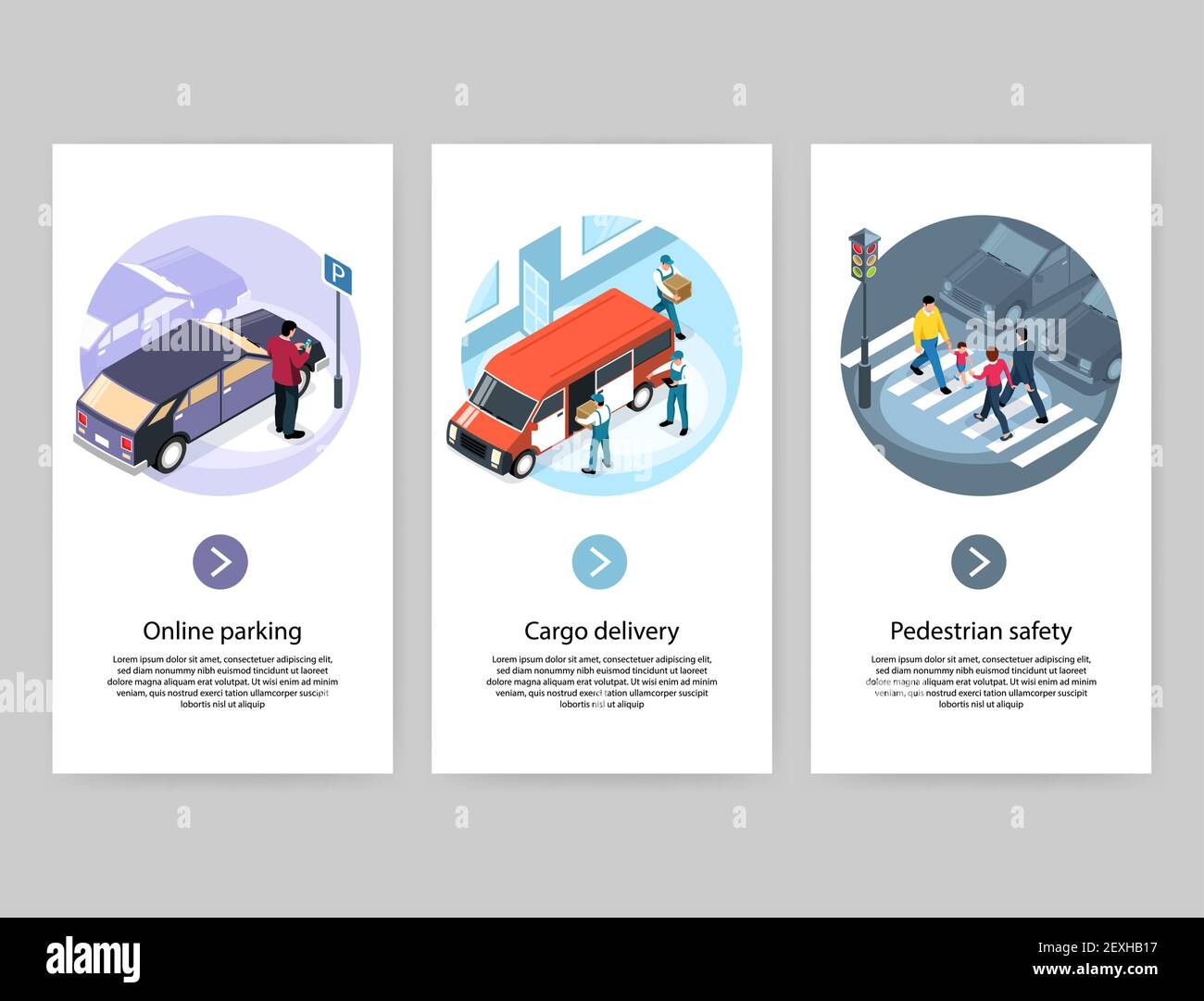City concept 3 vertical isometric banners with online parking cargo ...
