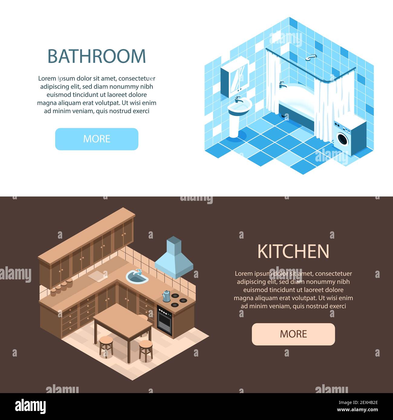 Interior design specialists online 2 isometric horizontal web banners ...