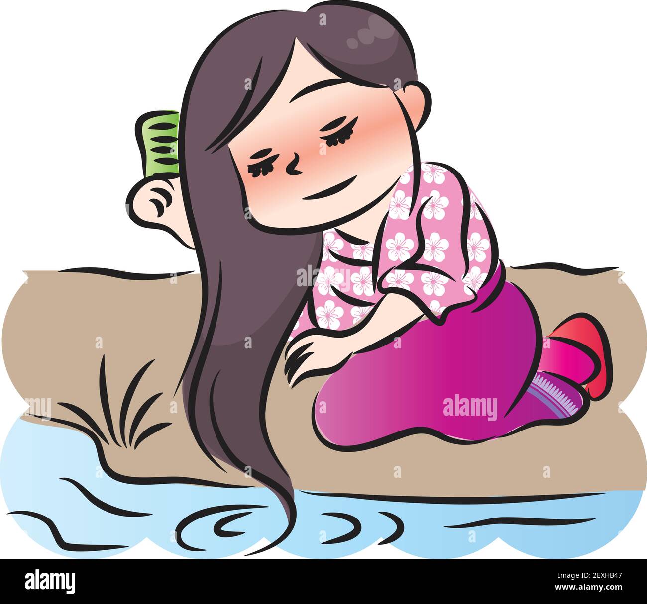 vector cartoon longhair girl comp hair with river Stock Vector Image ...